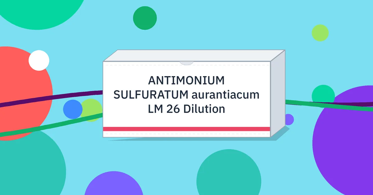 Symbolbild: Packung mit der Aufschrift ANTIMONIUM SULFURATUM aurantiacum LM 26 Dilution (PZN 13375701) – Verfügbarkeit und Bezug in Apotheken in Frankfurt am Main