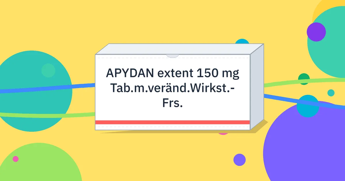 Symbolbild: Packung mit der Aufschrift APYDAN extent 150 mg Tab.m.veränd.Wirkst.-Frs. (PZN 00705640) – Verfügbarkeit und Bezug in Apotheken in Frankfurt am Main