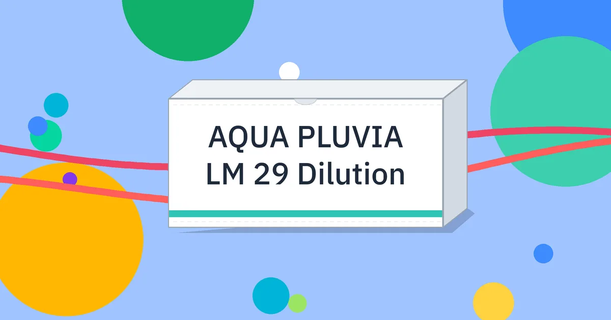 Symbolbild: Packung mit der Aufschrift AQUA PLUVIA LM 29 Dilution (PZN 12766167) – Verfügbarkeit und Bezug in Apotheken in Frankfurt am Main