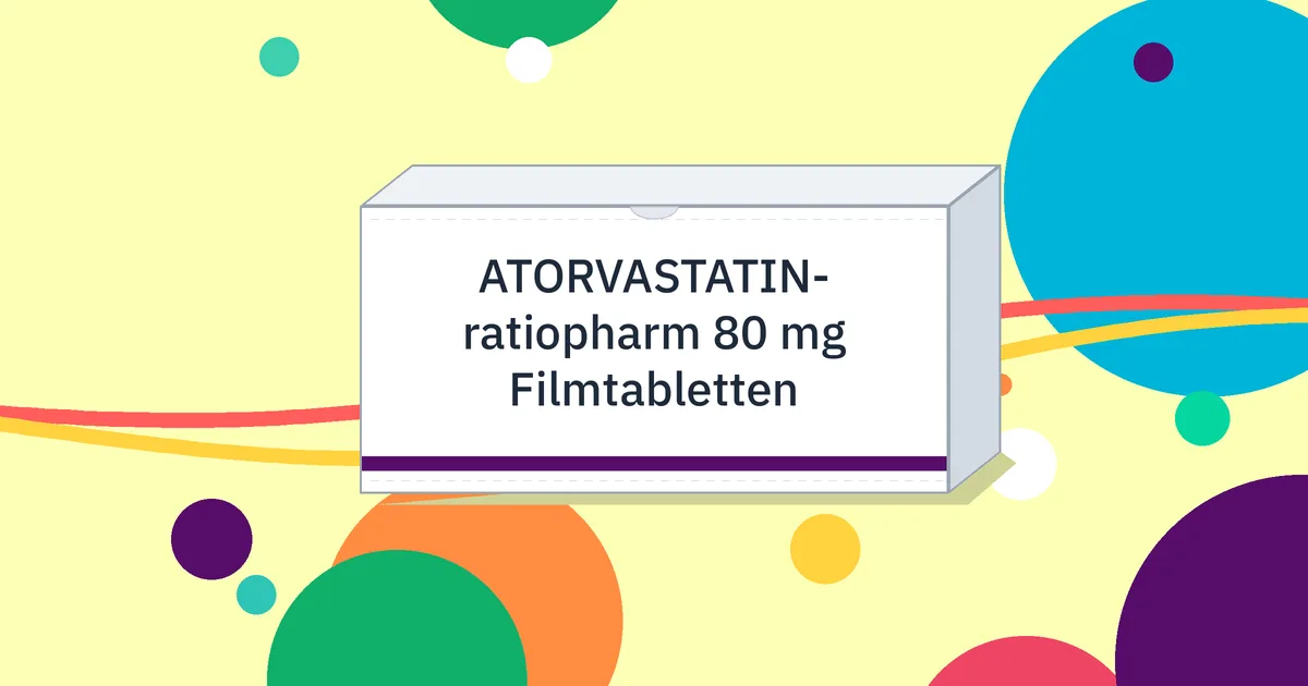 Symbolbild: Packung mit der Aufschrift ATORVASTATIN-ratiopharm 80 mg Filmtabletten (PZN 09292949) – Verfügbarkeit und Bezug in Apotheken in Frankfurt am Main