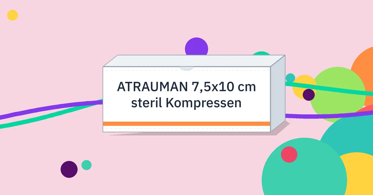Symbolbild: Packung mit der Aufschrift ATRAUMAN 7,5x10 cm steril Kompressen (PZN 19698701) – Verfügbarkeit und Bezug in Apotheken in Frankfurt am Main