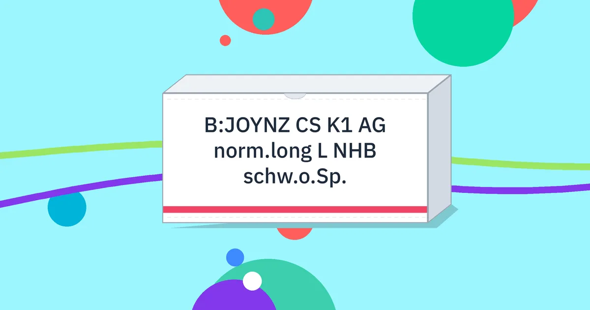 Symbolbild: Packung mit der Aufschrift B:JOYNZ CS K1 AG norm.long L NHB schw.o.Sp. (PZN 20531024) – Verfügbarkeit und Bezug in Apotheken in Frankfurt am Main