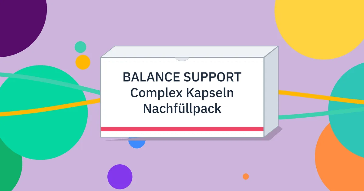 Symbolbild: Packung mit der Aufschrift BALANCE SUPPORT Complex Kapseln Nachfüllpack (PZN 16923729) – Verfügbarkeit und Bezug in Apotheken in Frankfurt am Main