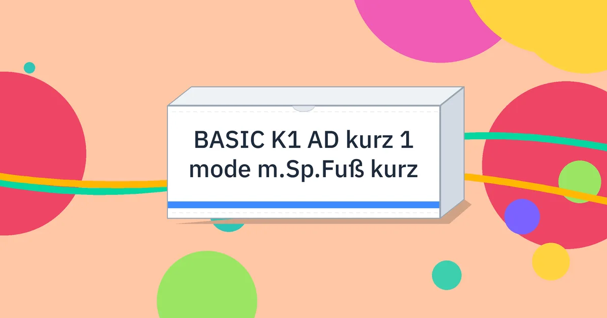 Symbolbild: Packung mit der Aufschrift BASIC K1 AD kurz 1 mode m.Sp.Fuß kurz (PZN 20257184) – Verfügbarkeit und Bezug in Apotheken in Frankfurt am Main