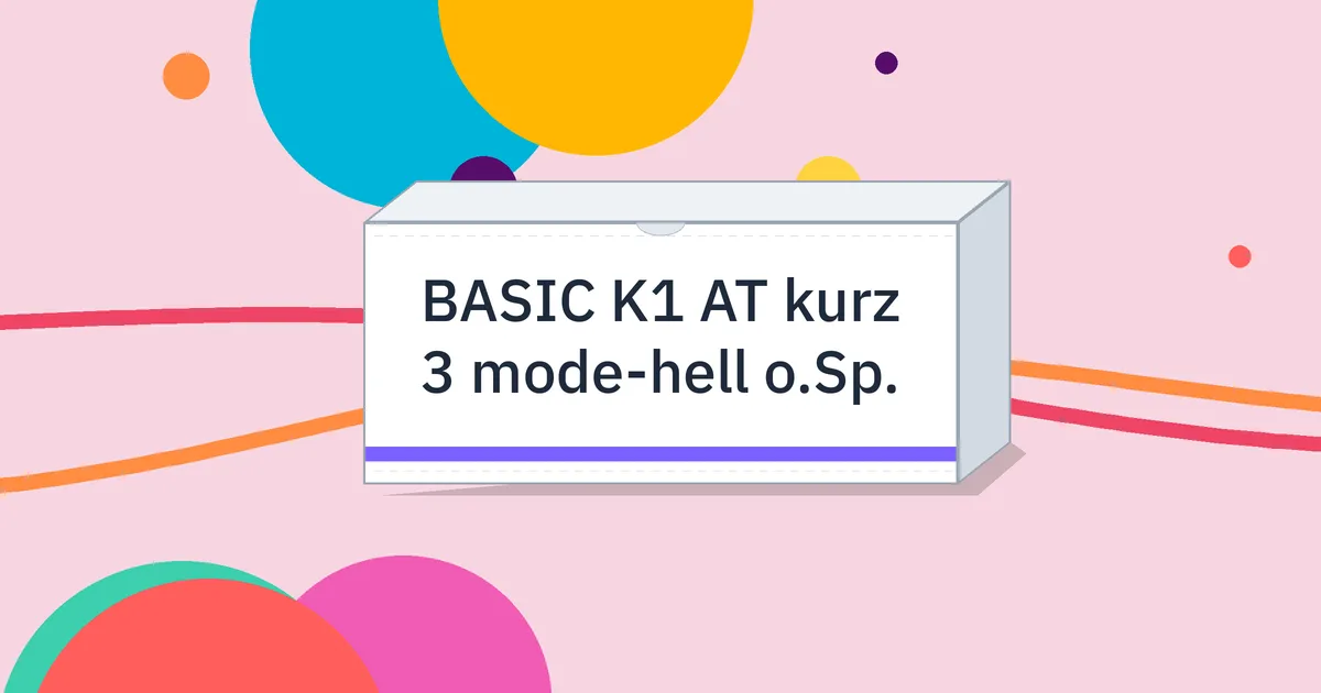Symbolbild: Packung mit der Aufschrift BASIC K1 AT kurz 3 mode-hell o.Sp. (PZN 20262618) – Verfügbarkeit und Bezug in Apotheken in Frankfurt am Main