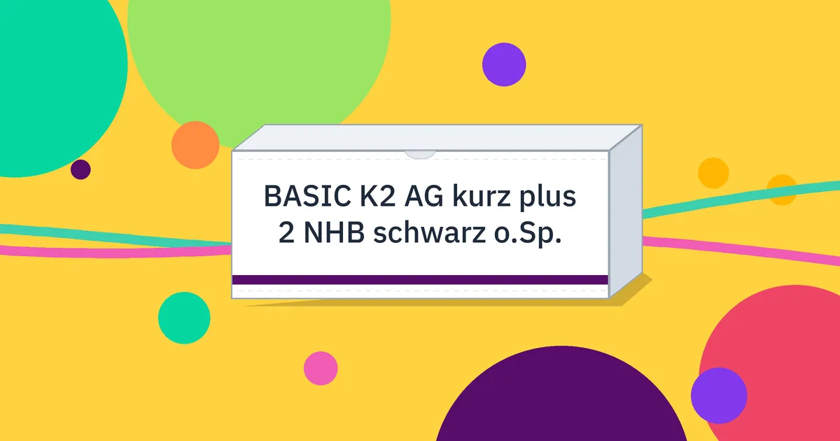 Symbolbild: Packung mit der Aufschrift BASIC K2 AG kurz plus 2 NHB schwarz o.Sp. (PZN 20266579) – Verfügbarkeit und Bezug in Apotheken in Frankfurt am Main