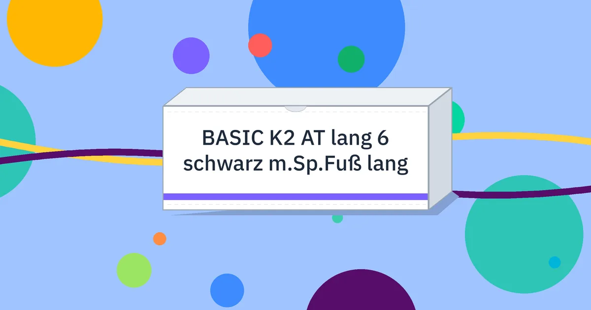 Symbolbild: Packung mit der Aufschrift BASIC K2 AT lang 6 schwarz m.Sp.Fuß lang (PZN 20269796) – Verfügbarkeit und Bezug in Apotheken in Frankfurt am Main