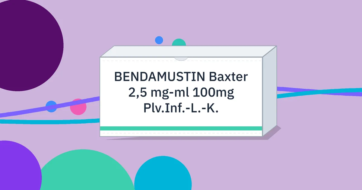 Symbolbild: Packung mit der Aufschrift BENDAMUSTIN Baxter 2,5 mg-ml 100mg Plv.Inf.-L.-K. (PZN 16233634) – Verfügbarkeit und Bezug in Apotheken in Frankfurt am Main
