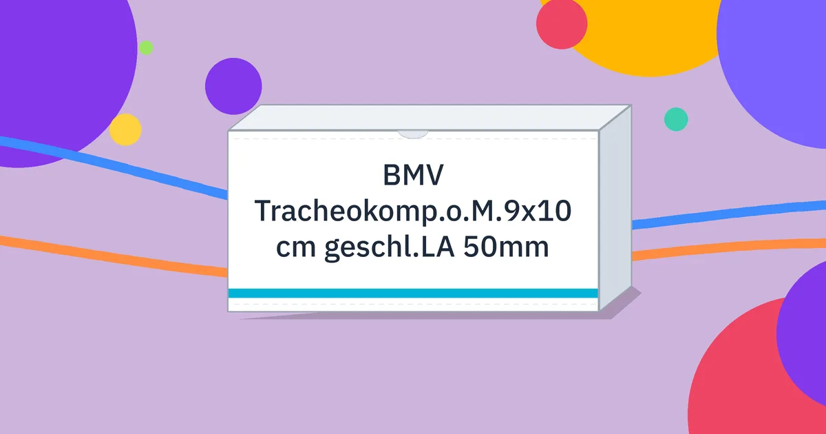 Symbolbild: Packung mit der Aufschrift BMV Tracheokomp.o.M.9x10 cm geschl.LA 50mm (PZN 10747496) – Verfügbarkeit und Bezug in Apotheken in Frankfurt am Main