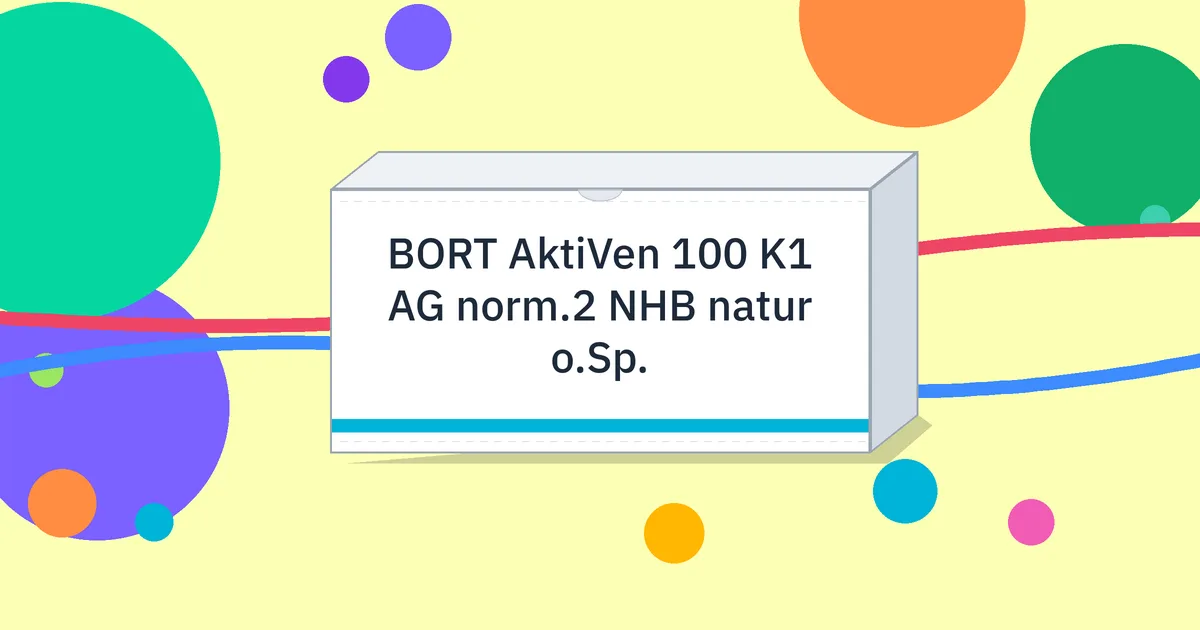 Symbolbild: Packung mit der Aufschrift BORT AktiVen 100 K1 AG norm.2 NHB natur o.Sp. (PZN 13729369) – Verfügbarkeit und Bezug in Apotheken in Frankfurt am Main