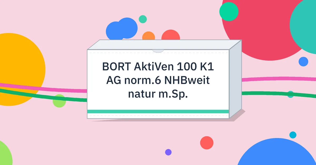 Symbolbild: Packung mit der Aufschrift BORT AktiVen 100 K1 AG norm.6 NHBweit natur m.Sp. (PZN 13729843) – Verfügbarkeit und Bezug in Apotheken in Frankfurt am Main