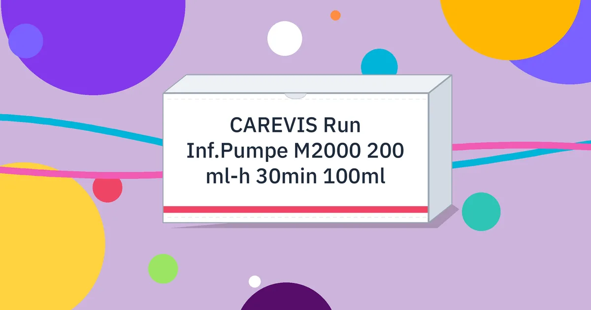 Symbolbild: Packung mit der Aufschrift CAREVIS Run Inf.Pumpe M2000 200 ml-h 30min 100ml (PZN 20390894) – Verfügbarkeit und Bezug in Apotheken in Frankfurt am Main