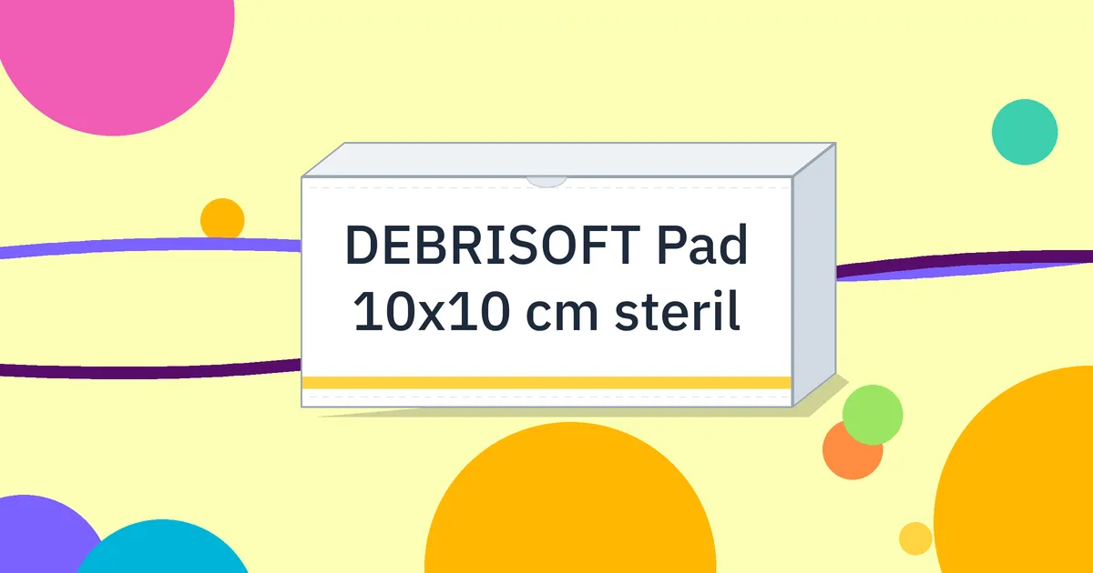 Symbolbild: Packung mit der Aufschrift DEBRISOFT Pad 10x10 cm steril (PZN 16811597) – Verfügbarkeit und Bezug in Apotheken in Frankfurt am Main