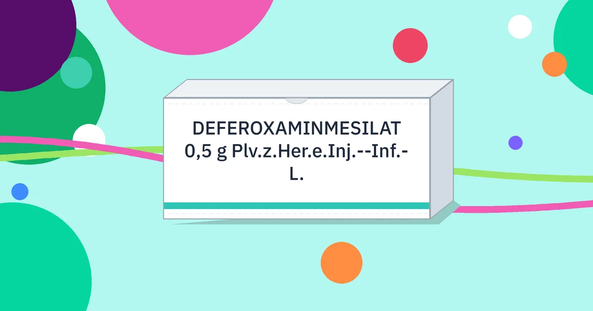 Symbolbild: Packung mit der Aufschrift DEFEROXAMINMESILAT 0,5 g Plv.z.Her.e.Inj.--Inf.-L. (PZN 10274508) – Verfügbarkeit und Bezug in Apotheken in Frankfurt am Main