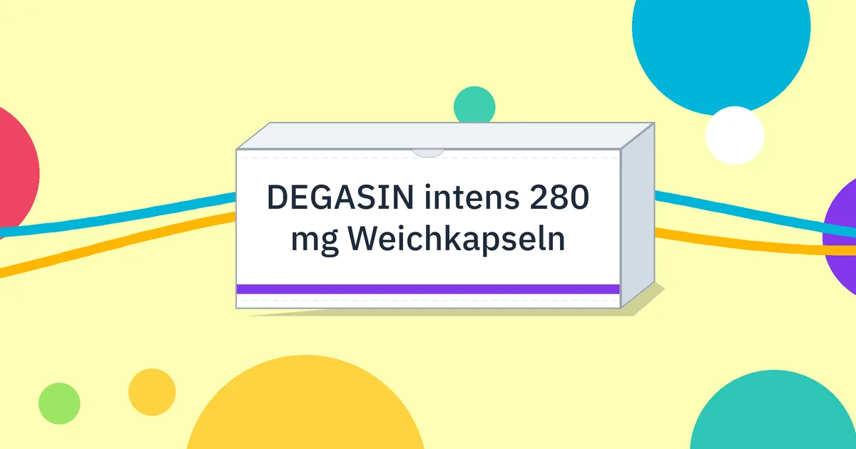 Symbolbild: Packung mit der Aufschrift DEGASIN intens 280 mg Weichkapseln (PZN 16944476) – Verfügbarkeit und Bezug in Apotheken in Frankfurt am Main