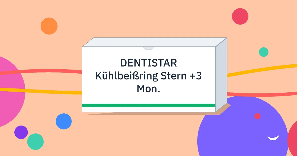 Symbolbild: Packung mit der Aufschrift DENTISTAR Kühlbeißring Stern +3 Mon. (PZN 16008630) – Verfügbarkeit und Bezug in Apotheken in Frankfurt am Main