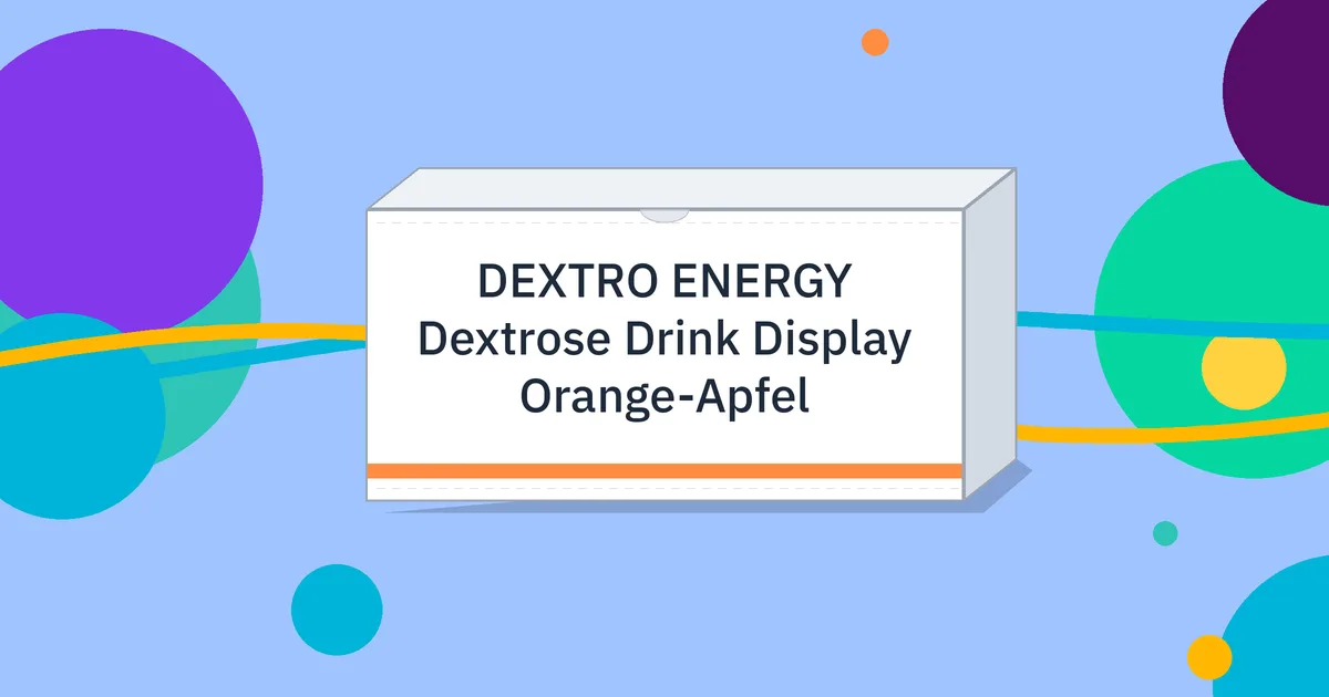 Symbolbild: Packung mit der Aufschrift DEXTRO ENERGY Dextrose Drink Display Orange-Apfel (PZN 19134447) – Verfügbarkeit und Bezug in Apotheken in Frankfurt am Main