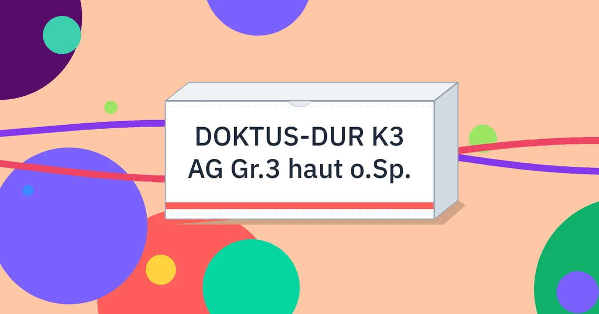 Symbolbild: Packung mit der Aufschrift DOKTUS-DUR K3 AG Gr.3 haut o.Sp. (PZN 00597179) – Verfügbarkeit und Bezug in Apotheken in Frankfurt am Main