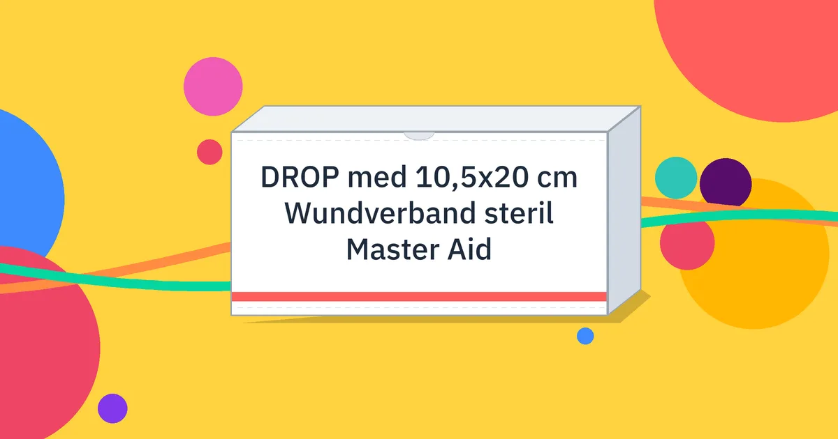 Symbolbild: Packung mit der Aufschrift DROP med 10,5x20 cm Wundverband steril Master Aid (PZN 00104165) – Verfügbarkeit und Bezug in Apotheken in Frankfurt am Main
