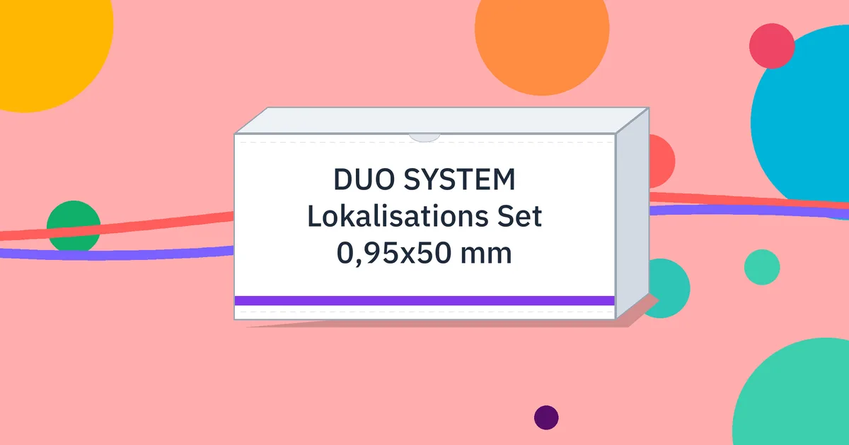Symbolbild: Packung mit der Aufschrift DUO SYSTEM Lokalisations Set 0,95x50 mm (PZN 20085607) – Verfügbarkeit und Bezug in Apotheken in Frankfurt am Main