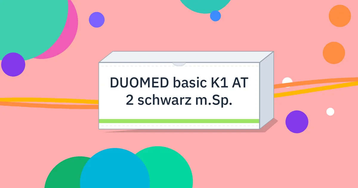 Symbolbild: Packung mit der Aufschrift DUOMED basic K1 AT 2 schwarz m.Sp. (PZN 20902762) – Verfügbarkeit und Bezug in Apotheken in Frankfurt am Main