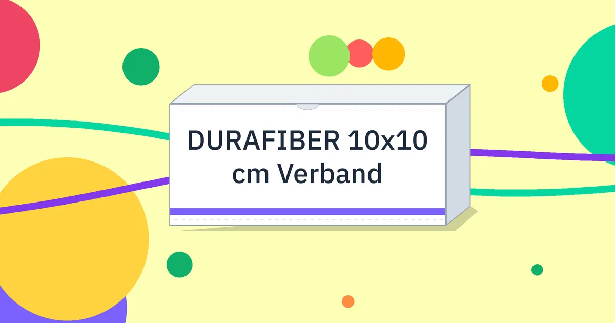 Symbolbild: Packung mit der Aufschrift DURAFIBER 10x10 cm Verband (PZN 13820147) – Verfügbarkeit und Bezug in Apotheken in Frankfurt am Main