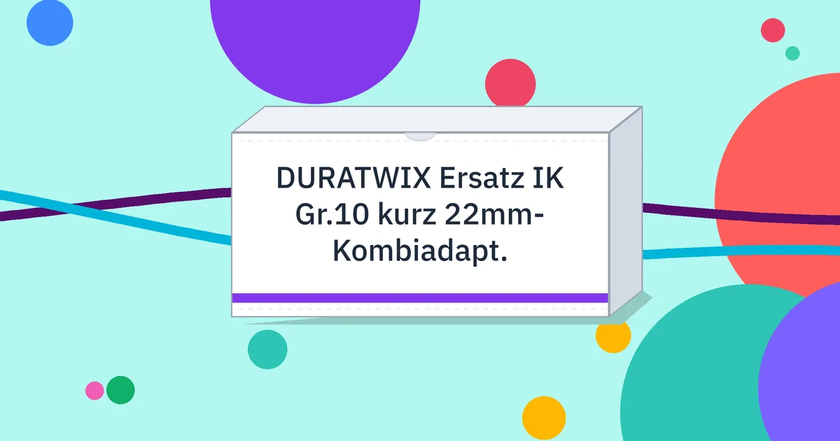 Symbolbild: Packung mit der Aufschrift DURATWIX Ersatz IK Gr.10 kurz 22mm-Kombiadapt. (PZN 06982458) – Verfügbarkeit und Bezug in Apotheken in Frankfurt am Main