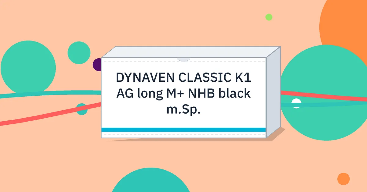 Symbolbild: Packung mit der Aufschrift DYNAVEN CLASSIC K1 AG long M+ NHB black m.Sp. (PZN 18415718) – Verfügbarkeit und Bezug in Apotheken in Frankfurt am Main