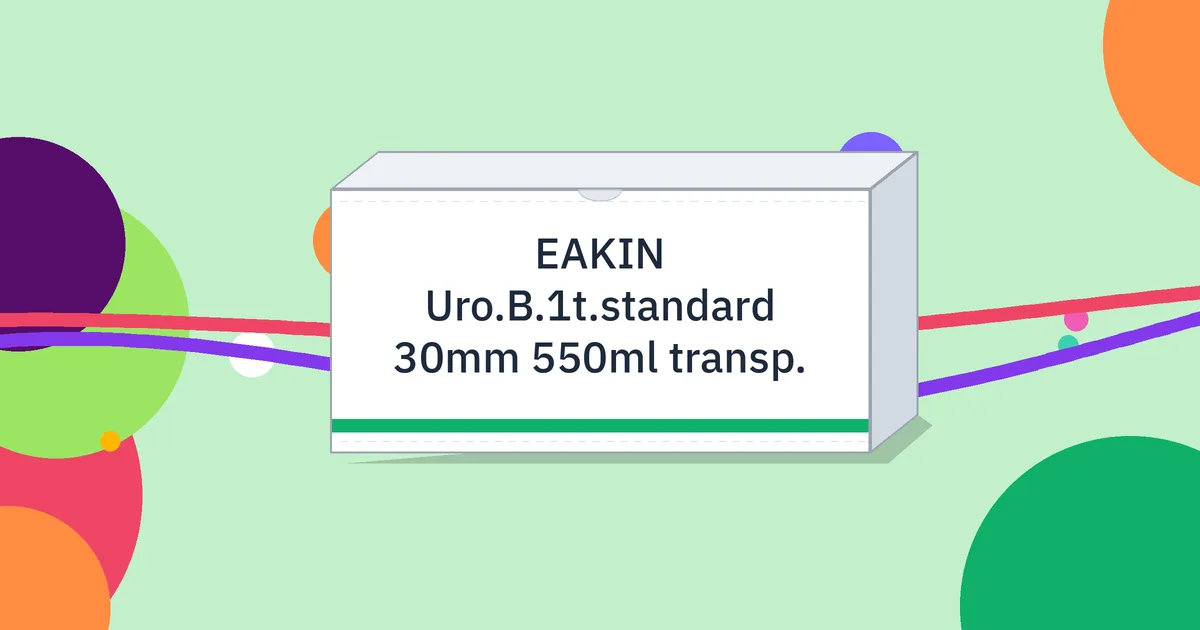 Symbolbild: Packung mit der Aufschrift EAKIN Uro.B.1t.standard 30mm 550ml transp. (PZN 09642668) – Verfügbarkeit und Bezug in Apotheken in Frankfurt am Main
