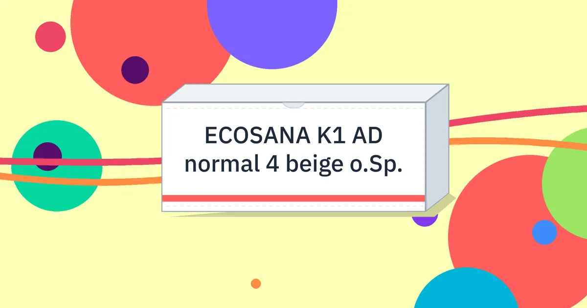 Symbolbild: Packung mit der Aufschrift ECOSANA K1 AD normal 4 beige o.Sp. (PZN 04724841) – Verfügbarkeit und Bezug in Apotheken in Frankfurt am Main
