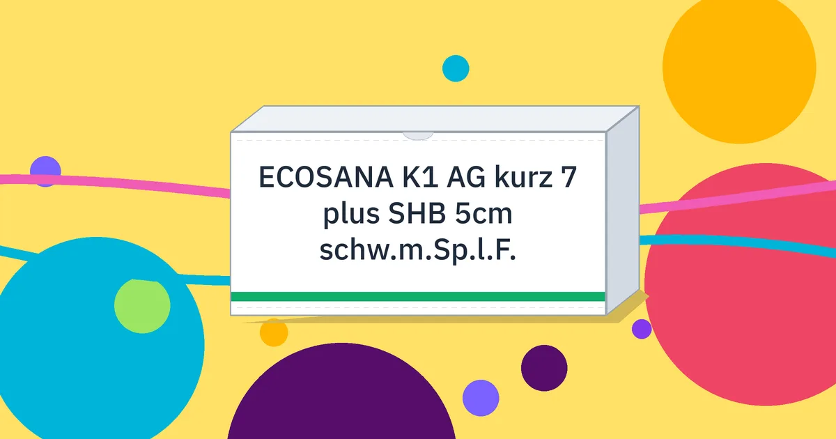 Symbolbild: Packung mit der Aufschrift ECOSANA K1 AG kurz 7 plus SHB 5cm schw.m.Sp.l.F. (PZN 04730586) – Verfügbarkeit und Bezug in Apotheken in Frankfurt am Main