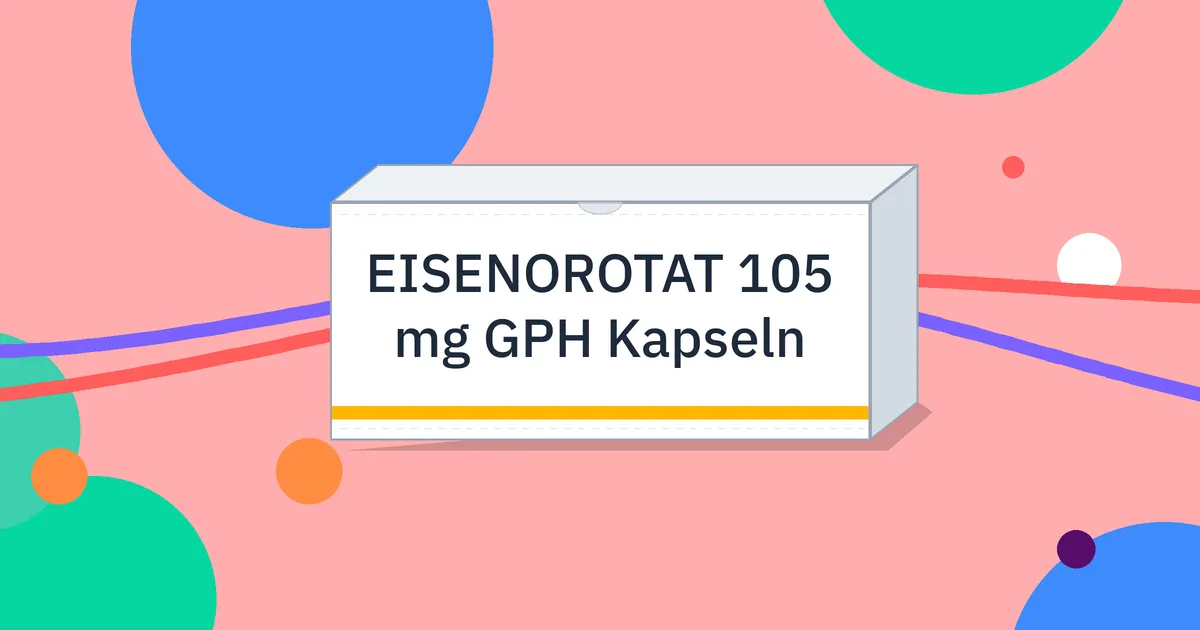 Symbolbild: Packung mit der Aufschrift EISENOROTAT 105 mg GPH Kapseln (PZN 16935483) – Verfügbarkeit und Bezug in Apotheken in Frankfurt am Main