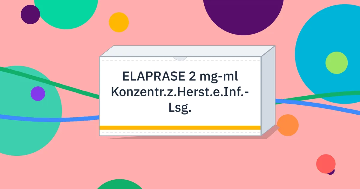 Symbolbild: Packung mit der Aufschrift ELAPRASE 2 mg-ml Konzentr.z.Herst.e.Inf.-Lsg. (PZN 16941354) – Verfügbarkeit und Bezug in Apotheken in Frankfurt am Main