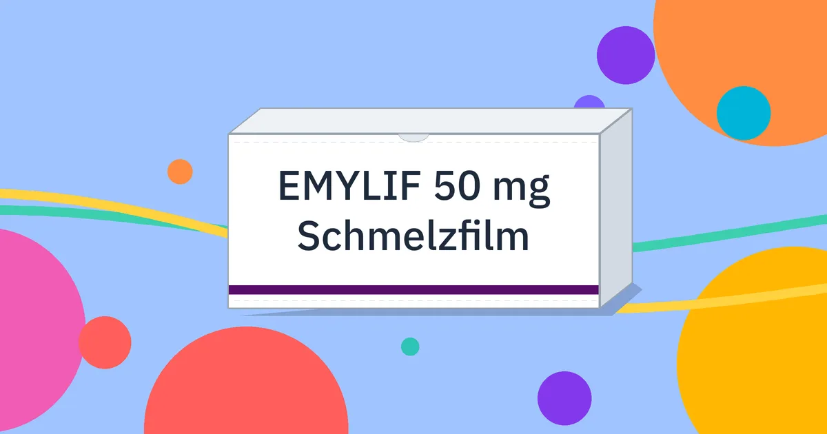 Symbolbild: Packung mit der Aufschrift EMYLIF 50 mg Schmelzfilm (PZN 19493040) – Verfügbarkeit und Bezug in Apotheken in Frankfurt am Main