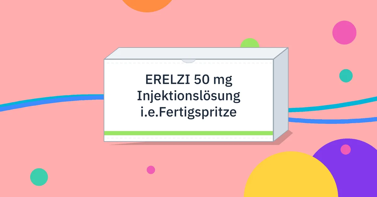 Symbolbild: Packung mit der Aufschrift ERELZI 50 mg Injektionslösung i.e.Fertigspritze (PZN 13913096) – Verfügbarkeit und Bezug in Apotheken in Frankfurt am Main