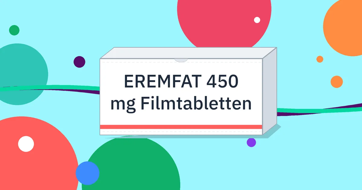 Symbolbild: Packung mit der Aufschrift EREMFAT 450 mg Filmtabletten (PZN 18883218) – Verfügbarkeit und Bezug in Apotheken in Frankfurt am Main