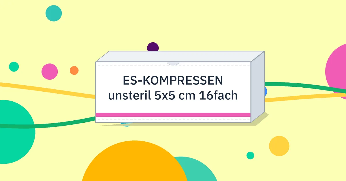 Symbolbild: Packung mit der Aufschrift ES-KOMPRESSEN unsteril 5x5 cm 16fach (PZN 00462108) – Verfügbarkeit und Bezug in Apotheken in Frankfurt am Main