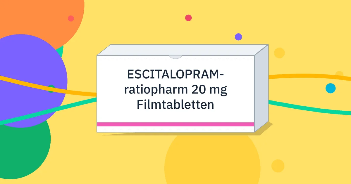 Symbolbild: Packung mit der Aufschrift ESCITALOPRAM-ratiopharm 20 mg Filmtabletten (PZN 00272282) – Verfügbarkeit und Bezug in Apotheken in Frankfurt am Main