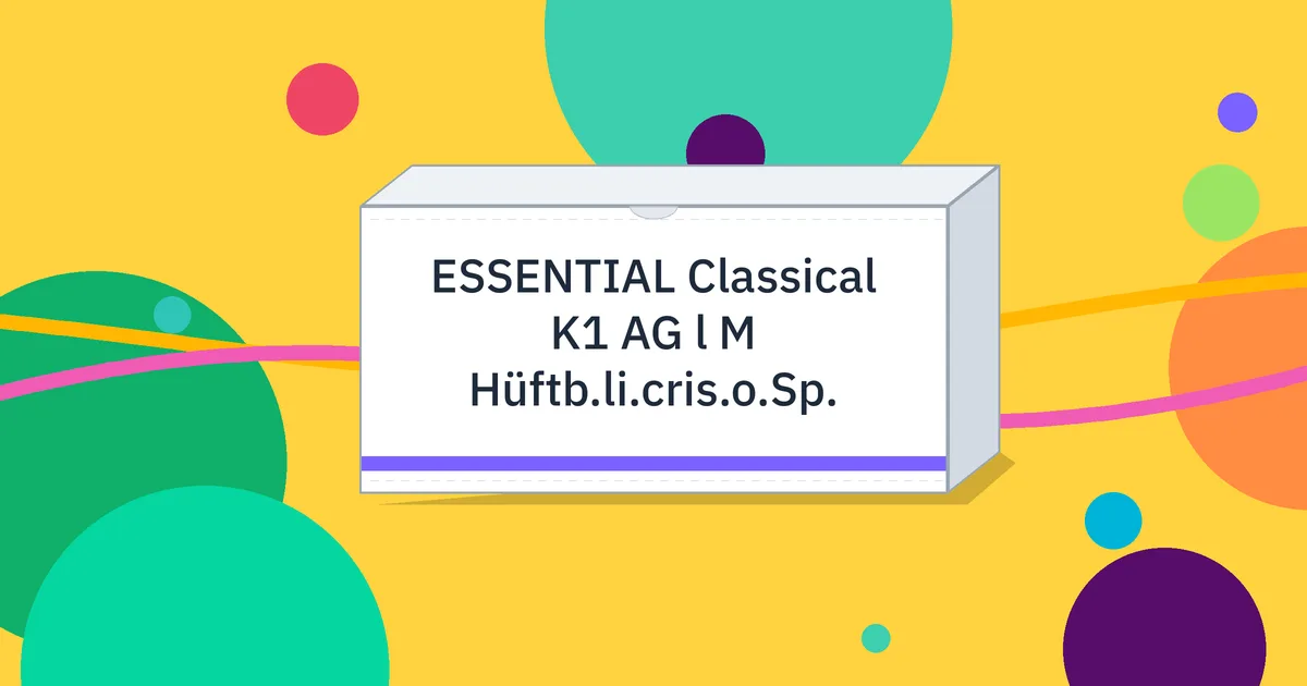 Symbolbild: Packung mit der Aufschrift ESSENTIAL Classical K1 AG l M Hüftb.li.cris.o.Sp. (PZN 17011953) – Verfügbarkeit und Bezug in Apotheken in Frankfurt am Main