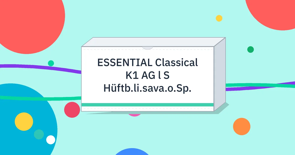 Symbolbild: Packung mit der Aufschrift ESSENTIAL Classical K1 AG l S Hüftb.li.sava.o.Sp. (PZN 17012533) – Verfügbarkeit und Bezug in Apotheken in Frankfurt am Main