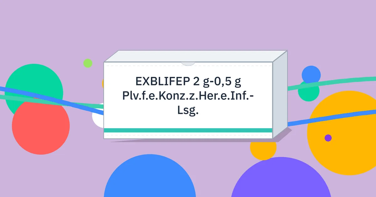 Symbolbild: Packung mit der Aufschrift EXBLIFEP 2 g-0,5 g Plv.f.e.Konz.z.Her.e.Inf.-Lsg. (PZN 19147214) – Verfügbarkeit und Bezug in Apotheken in Frankfurt am Main