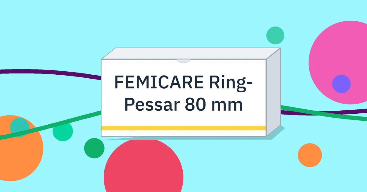 Symbolbild: Packung mit der Aufschrift FEMICARE Ring-Pessar 80 mm (PZN 19336079) – Verfügbarkeit und Bezug in Apotheken in Frankfurt am Main