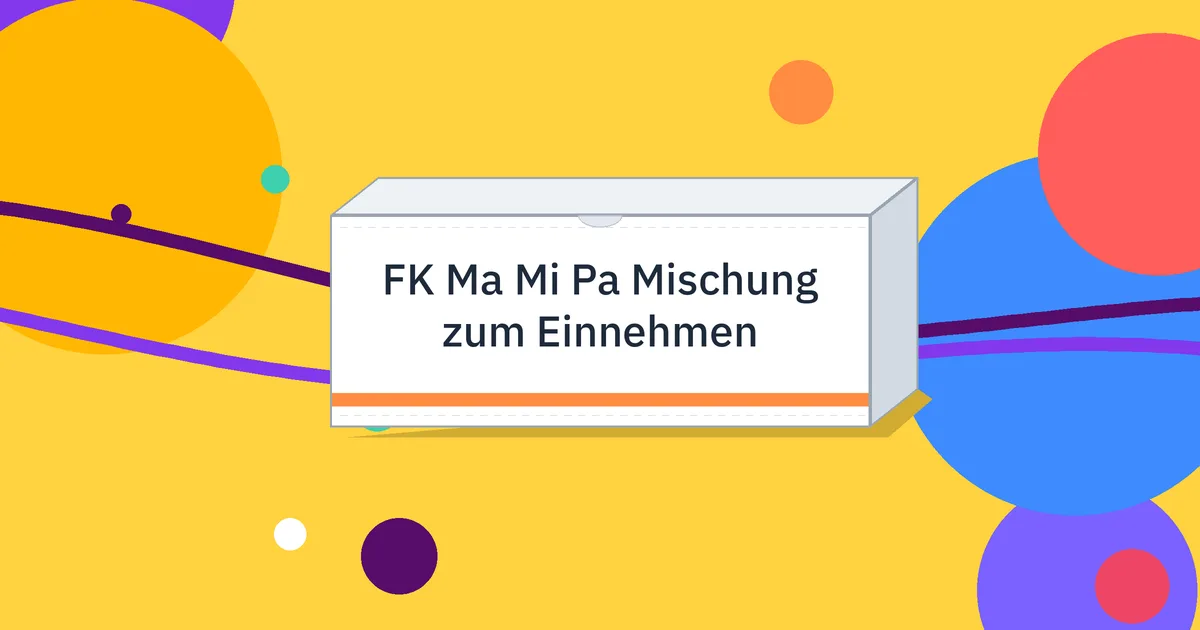 Symbolbild: Packung mit der Aufschrift FK Ma Mi Pa Mischung zum Einnehmen (PZN 08490860) – Verfügbarkeit und Bezug in Apotheken in Frankfurt am Main