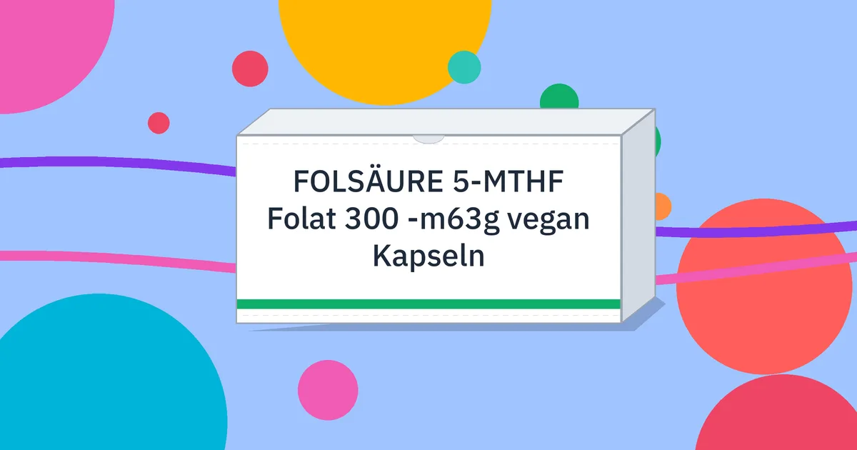 Symbolbild: Packung mit der Aufschrift FOLSÄURE 5-MTHF Folat 300 -m63g vegan Kapseln (PZN 16927621) – Verfügbarkeit und Bezug in Apotheken in Frankfurt am Main
