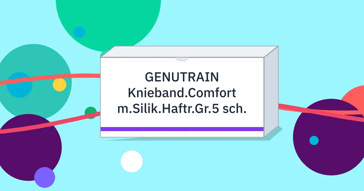 Symbolbild: Packung mit der Aufschrift GENUTRAIN Knieband.Comfort m.Silik.Haftr.Gr.5 sch. (PZN 12517412) – Verfügbarkeit und Bezug in Apotheken in Frankfurt am Main