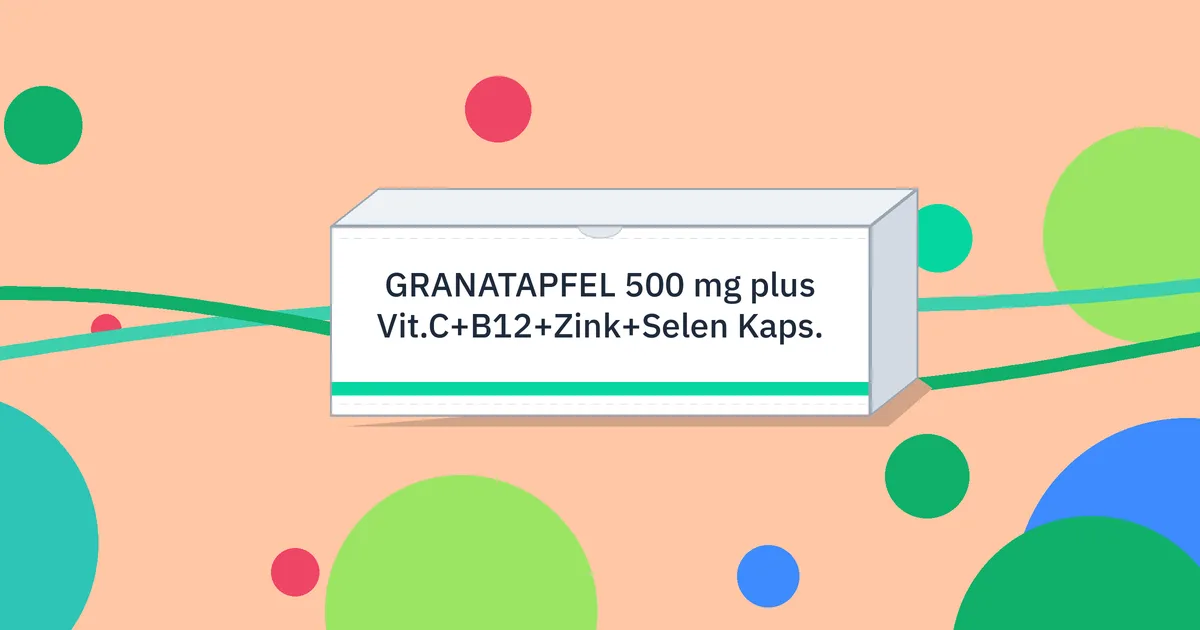 Symbolbild: Packung mit der Aufschrift GRANATAPFEL 500 mg plus Vit.C+B12+Zink+Selen Kaps. (PZN 09537871) – Verfügbarkeit und Bezug in Apotheken in Frankfurt am Main