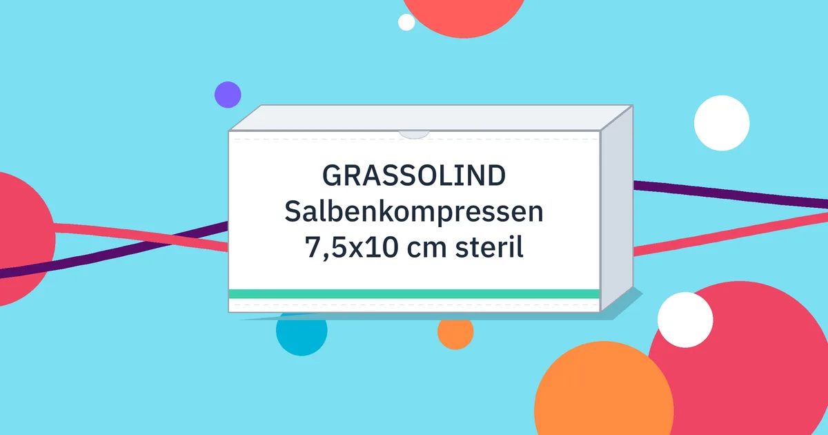 Symbolbild: Packung mit der Aufschrift GRASSOLIND Salbenkompressen 7,5x10 cm steril (PZN 18879694) – Verfügbarkeit und Bezug in Apotheken in Frankfurt am Main