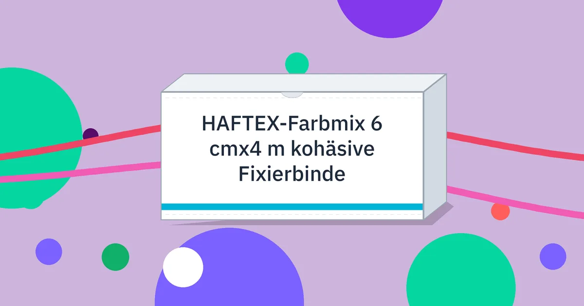 Symbolbild: Packung mit der Aufschrift HAFTEX-Farbmix 6 cmx4 m kohäsive Fixierbinde (PZN 20136693) – Verfügbarkeit und Bezug in Apotheken in Frankfurt am Main