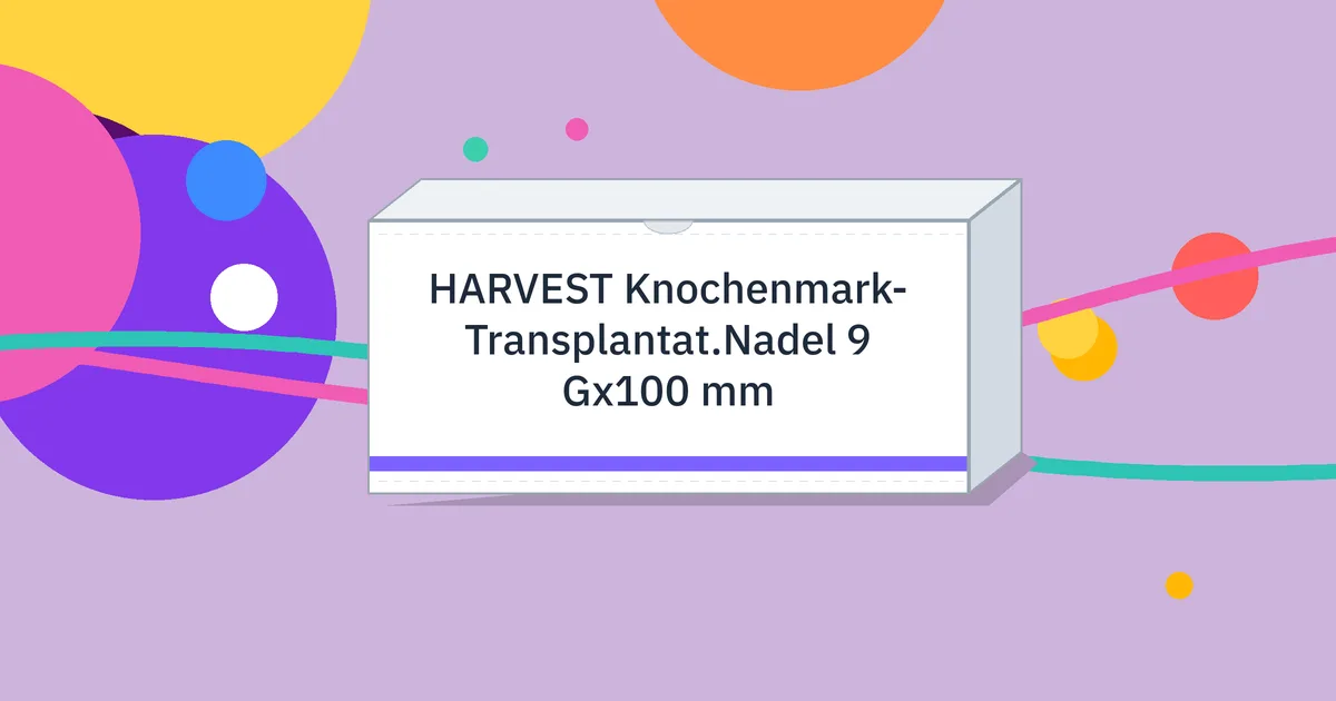 Symbolbild: Packung mit der Aufschrift HARVEST Knochenmark-Transplantat.Nadel 9 Gx100 mm (PZN 16362662) – Verfügbarkeit und Bezug in Apotheken in Frankfurt am Main