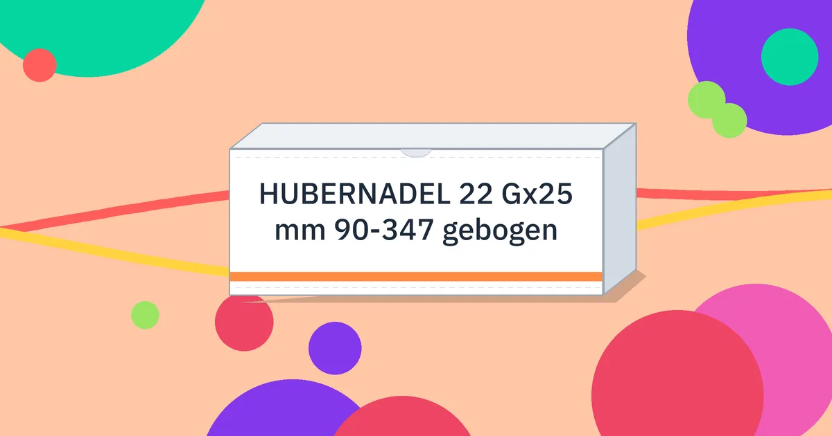 Symbolbild: Packung mit der Aufschrift HUBERNADEL 22 Gx25 mm 90-347 gebogen (PZN 00426035) – Verfügbarkeit und Bezug in Apotheken in Frankfurt am Main